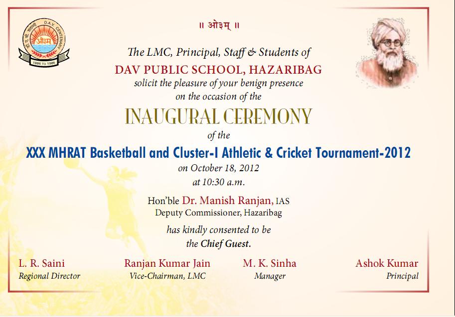 DAV Public School, Hazaribag: Invitation of Opening and Closing ...
