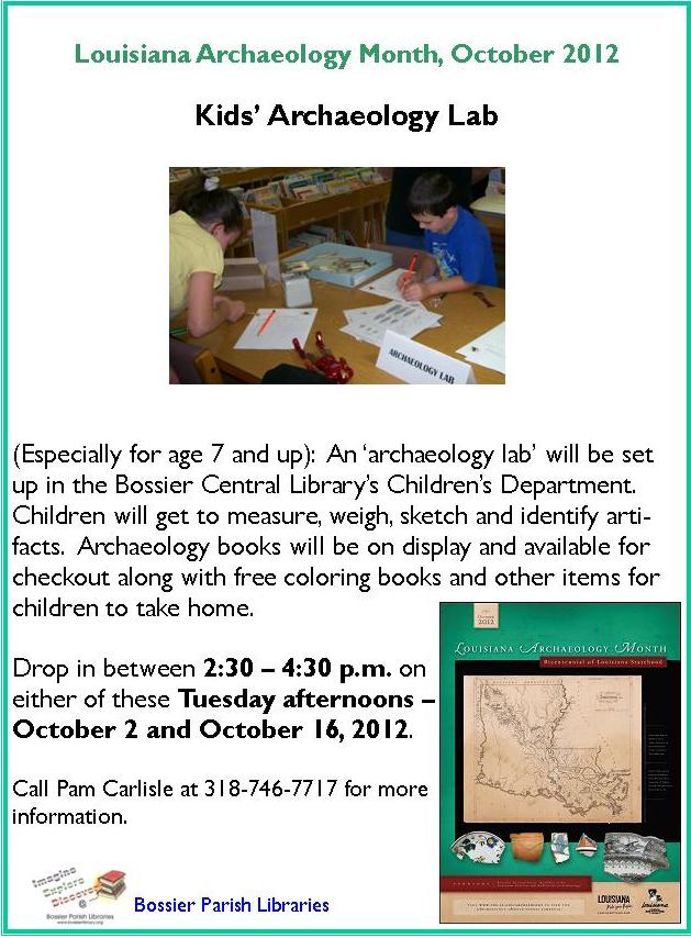 Bossier Parish Libraries History Center: Archaeology Month - Kids' Program