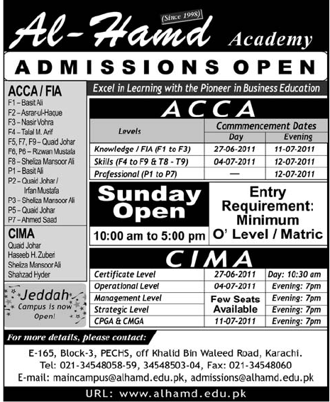 Admission in Pakistan: Al-Hamd Academy Admissions 2011