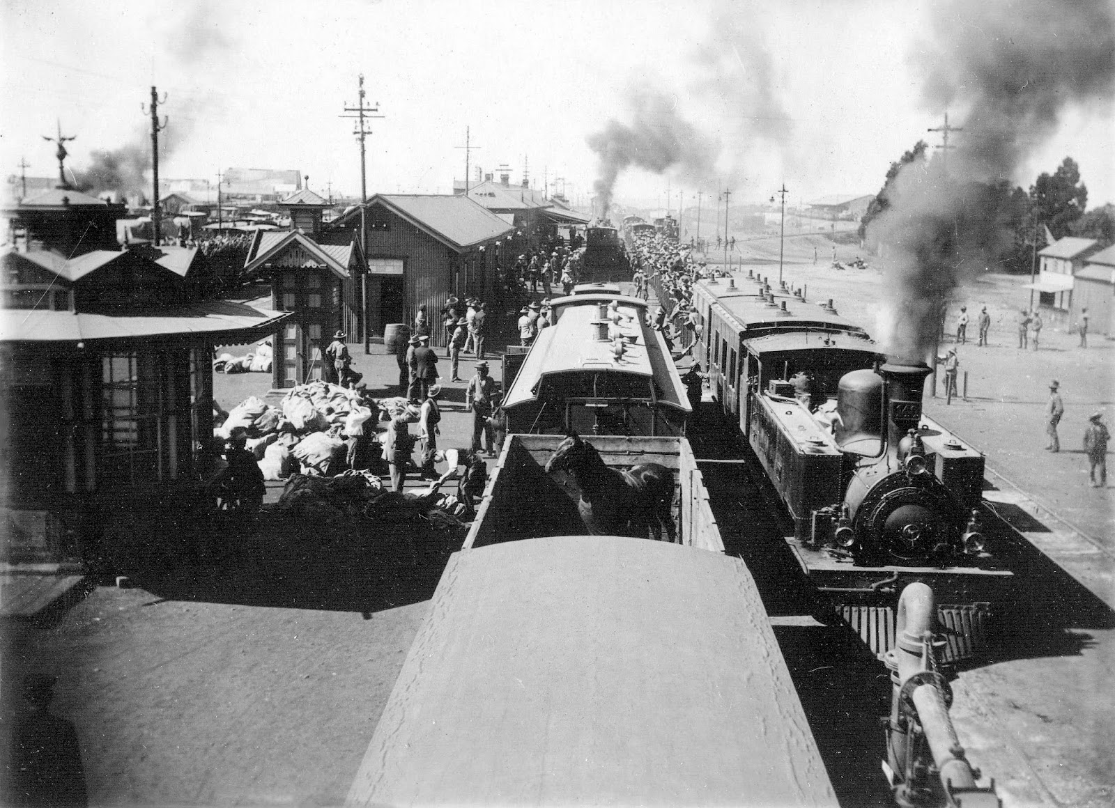 transpress nz: troop trains at the end of the Boer War, South Africa, 1902