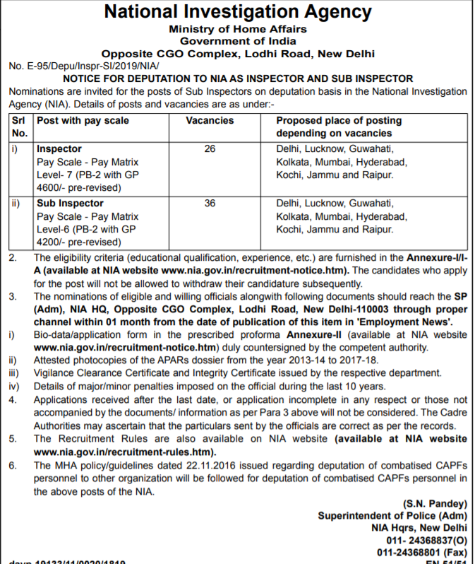 National Investigation Agency Recruitment 2019 - NIA Recruitment for 62 ...