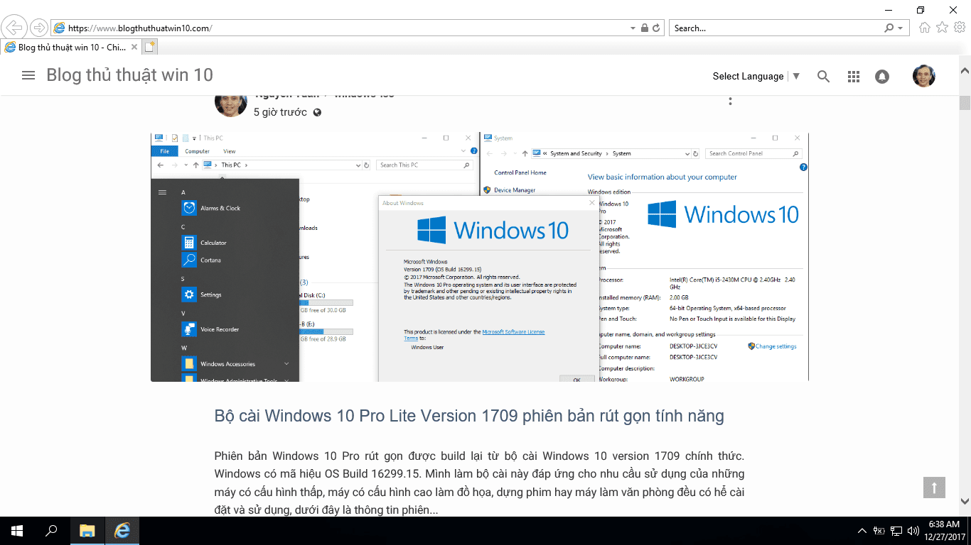 Bộ cài Windows 10 Pro Lite version 1709 phiên bản rút gọn tính năng ...