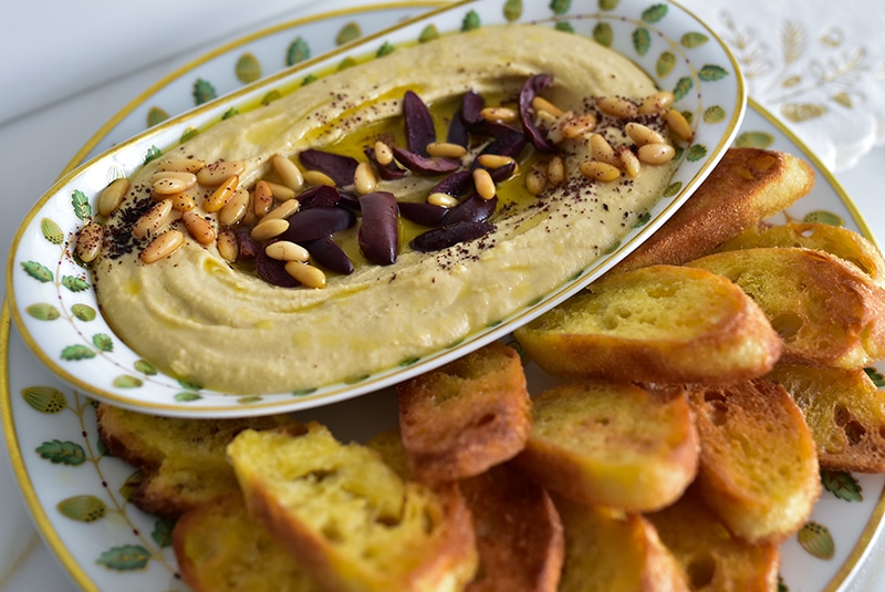 Hummus with Olives, Pine Nuts and Olive Oil Crostini Recipe | LEBANESE ...