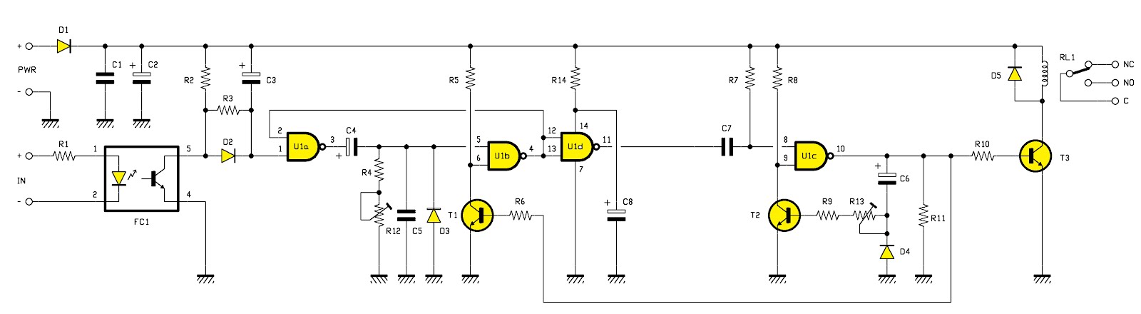 Figure 1 : Schéma électrique de la commande à relais à retard réglable.