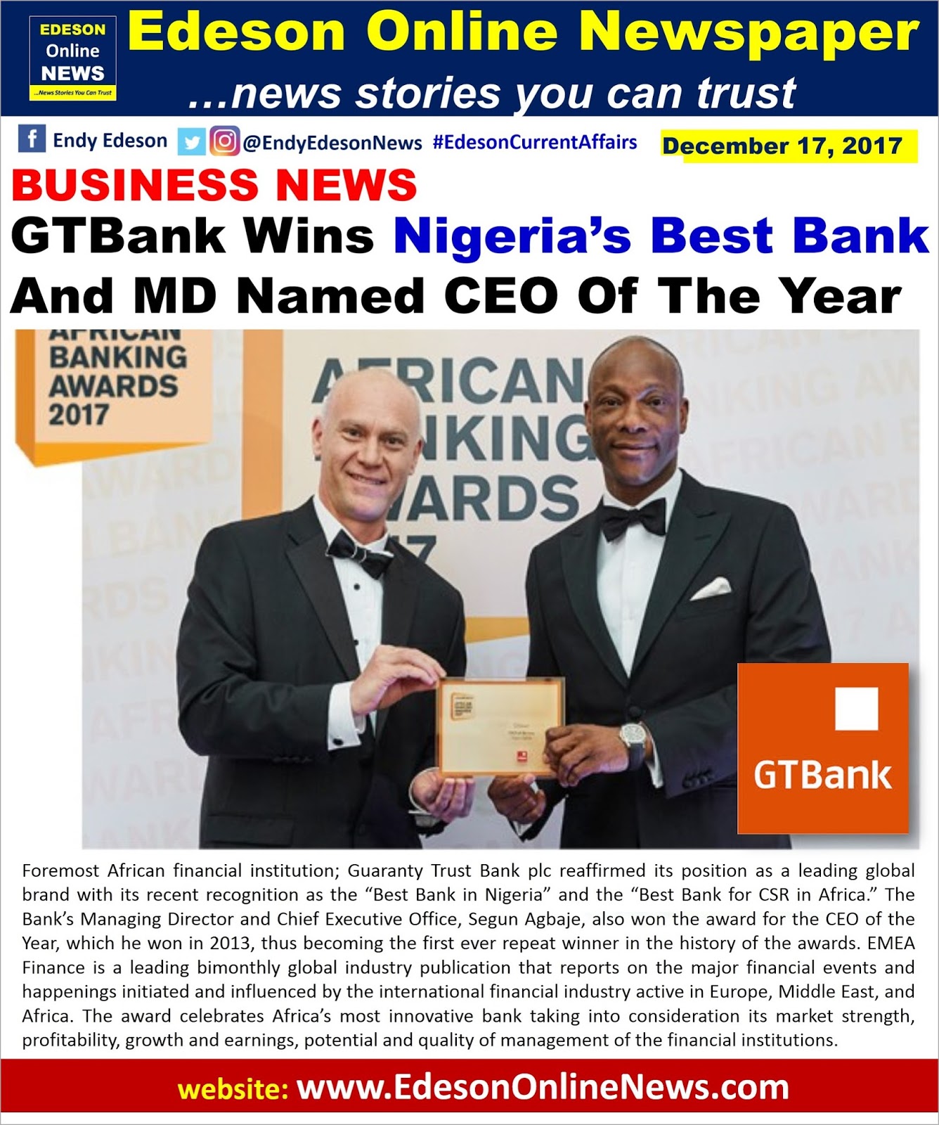 Edeson Online News: Gtbank Wins Nigeria’s Best Bank & MD Named CEO Of ...