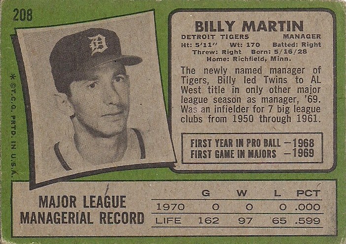 Topps 1971: no. 208 - billy martin