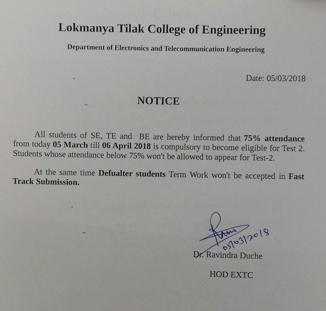 EXTC Department: Notice regarding Attendance criteria for the ...