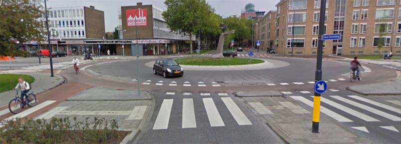 A view from the cycle path: Roundabout with safe cycling facilities