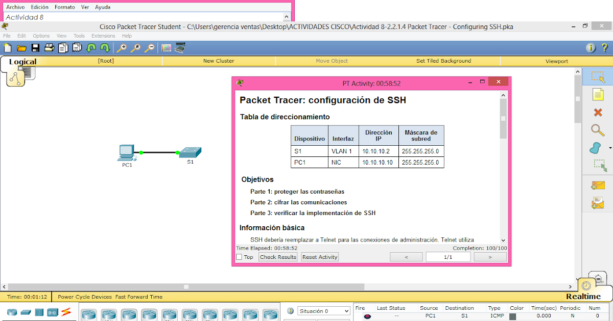 CONMUTACION Y ENRUTAMIENTO DE REDES DE DATOS: Actividad 8. Packet Tracer: configuración de SSH