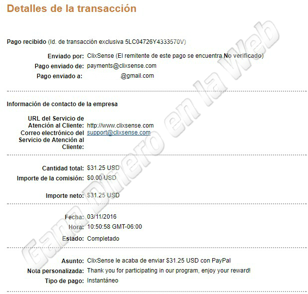 Comprobante de pago 07 recibido de Clixsense de $31.25 ~ Gana dinero en ...