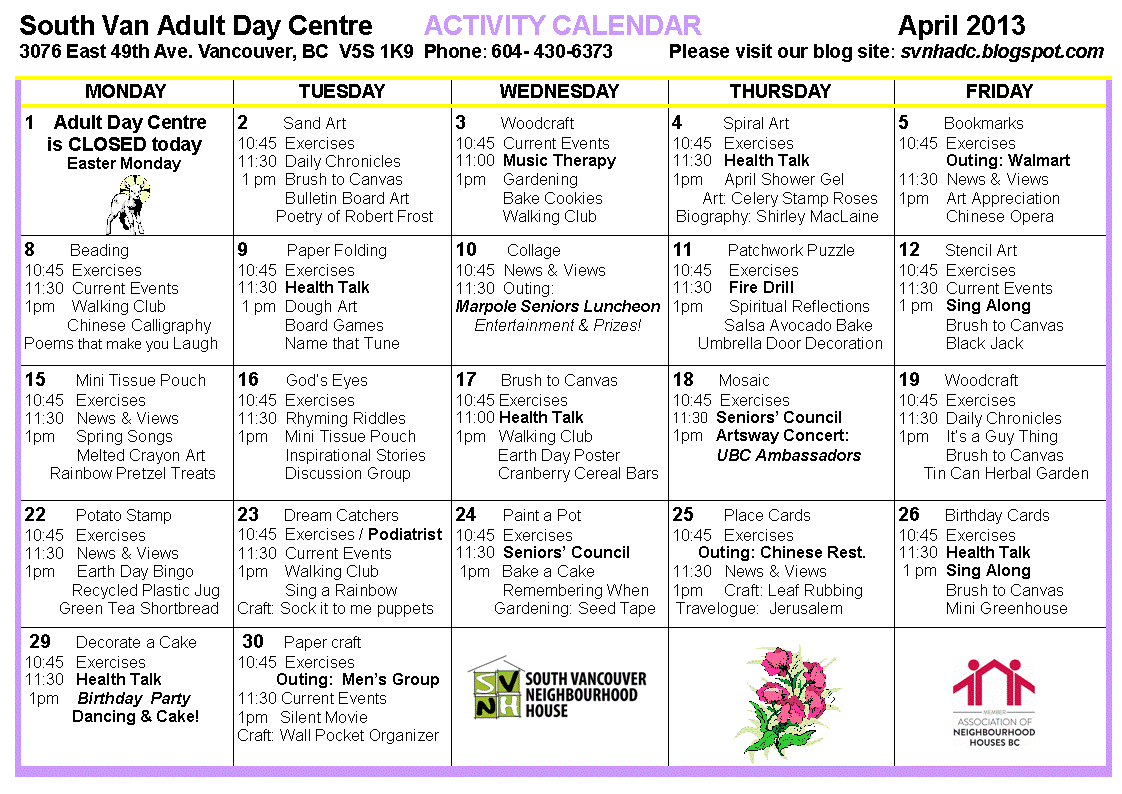 South Vancouver and Beulah Gardens Adult Day Programs: April Calendar ...