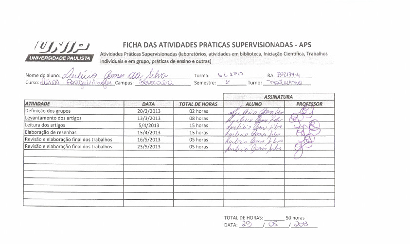 Unipartext: Ficha das Atividades Práticas Supervisionadas - APS