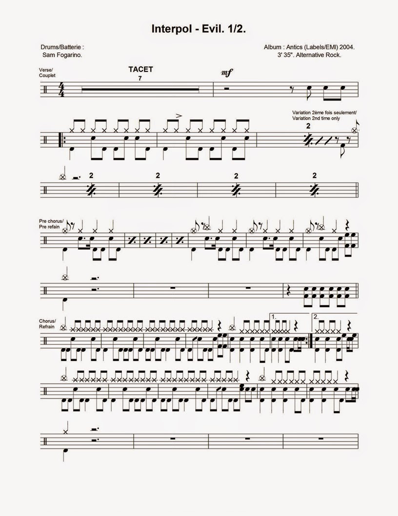 Interpol - Evil | Partituras para Batería