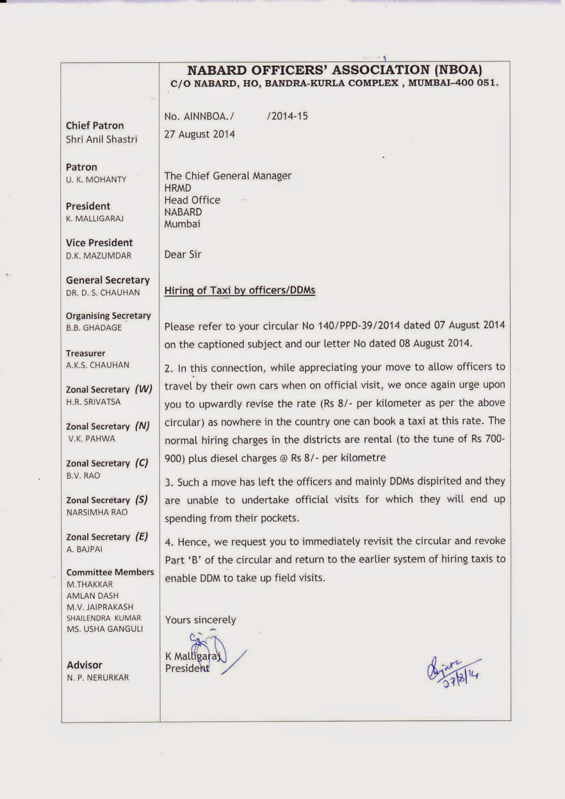 AINBOA: Letter on Taxi Hiring