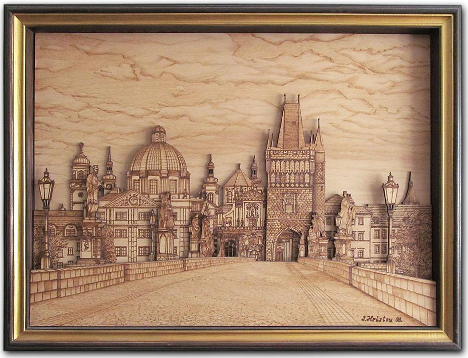 Wooden pyrography by Ivaylo Hristov: Pyrography picture - Prague 2