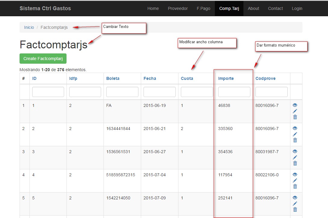 yii2 - Modificando el GridView