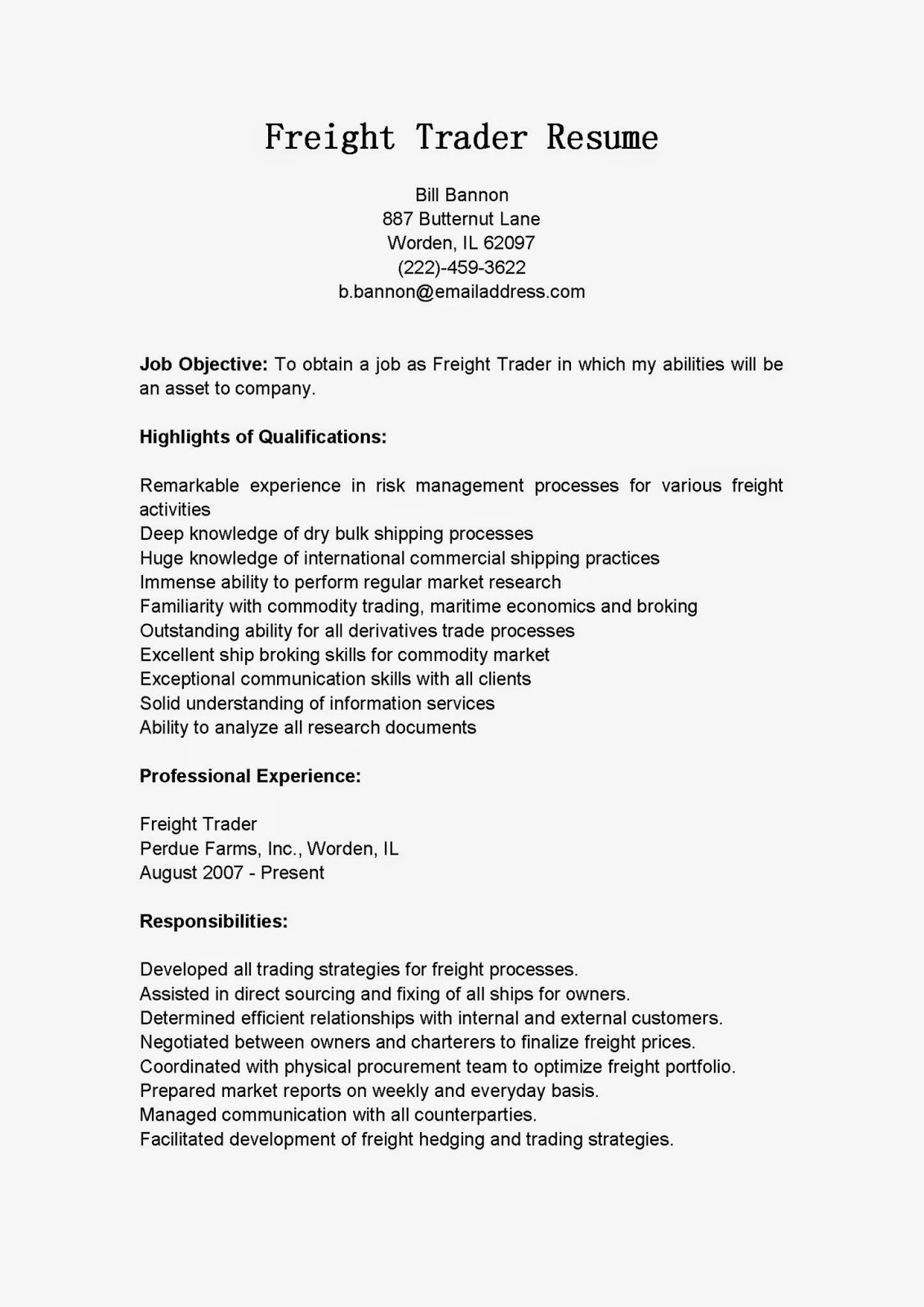 Resume Samples: Freight Trader Resume Sample