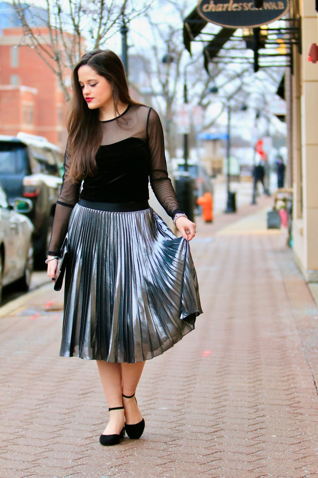 Kathleens Fashion Fix Silver Stunner Metallic Pleated Skirt Velvet Crop Top