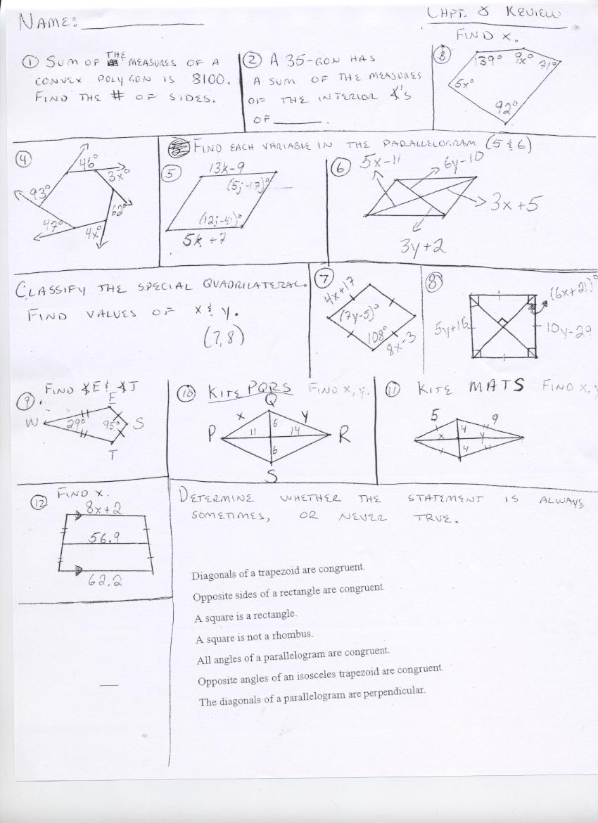 Geometry: Chapter 8 Polygon Review sheet