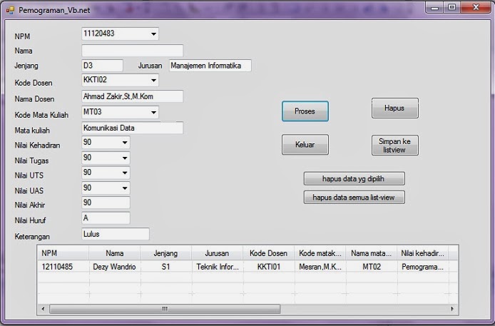 Hikmah Khairani: Contoh program Vb.net Form Nilai Mahasiswa