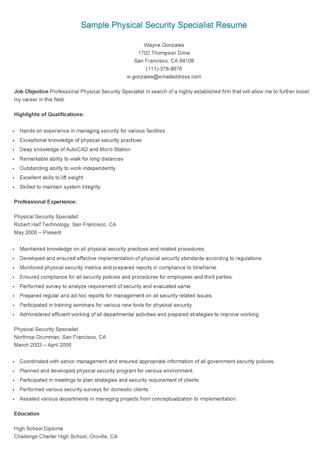 Resume Samples: Sample Physical Security Specialist Resume