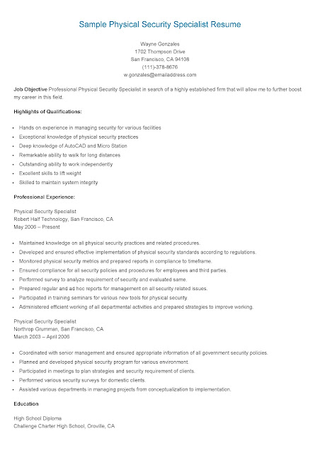 Resume Samples: Sample Physical Security Specialist Resume