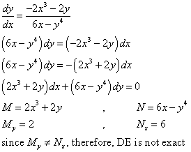 Differential Equations Solved Examples: dy/dx = (-2x^3 - 2y)/(6x - y^4)
