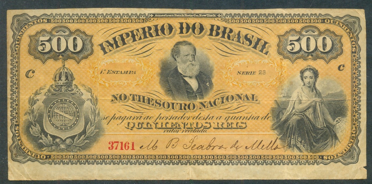 Brazil Empire banknotes 500 Reis banknote of 1874 Emperor Dom Pedro II ...