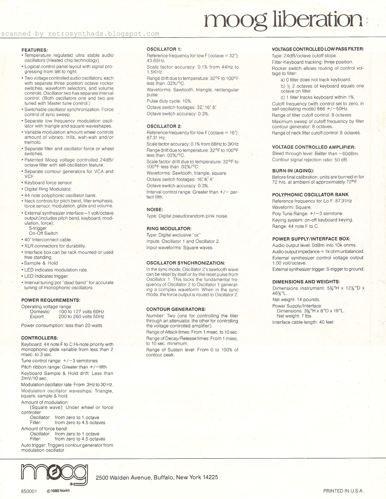 Retro Synth Ads: Moog Liberation keytar / synthesizer reference sheet, 1980