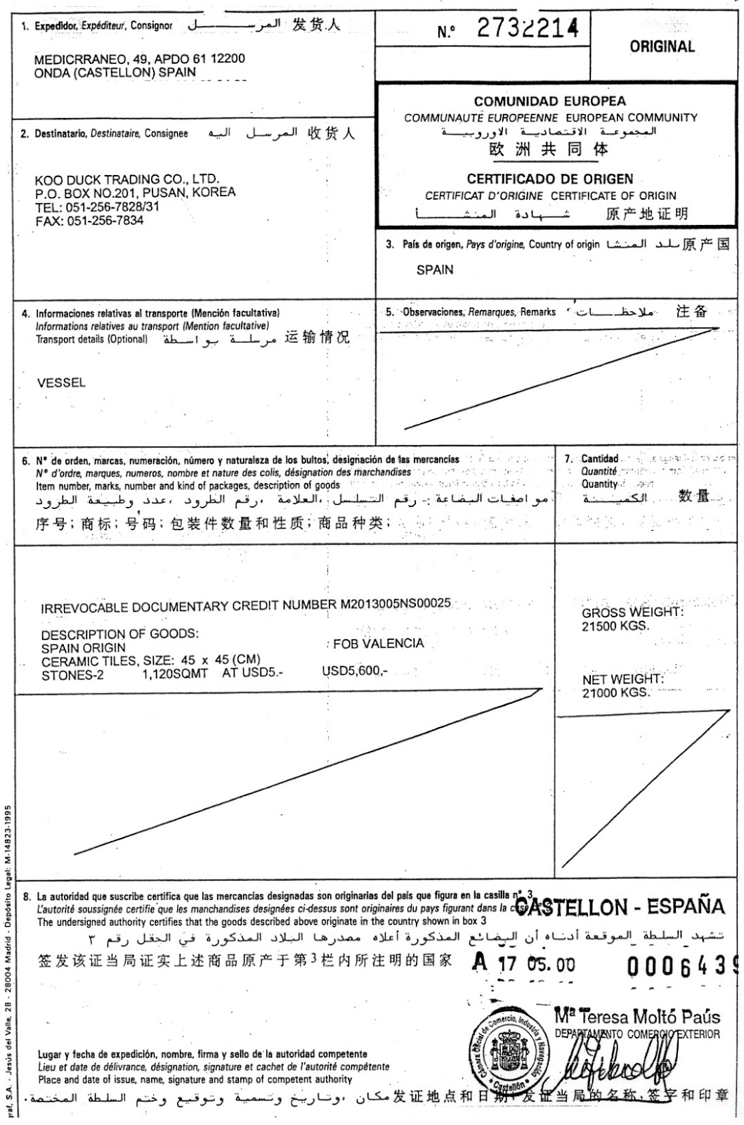 Documentos Comercio Internacional : CERTIFICADO ORIGEN EXPORTACION