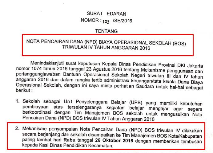 Surat Edaran Tentang Nota Pencairan Dana (NPD) BOS Triwulan IV Tahun ...