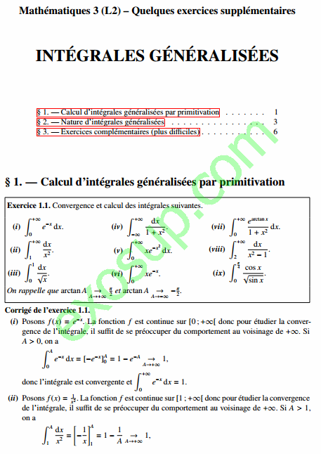 exercices corrigés intégrales généralisées / Mathématiques 3 (L2) - ExoSup