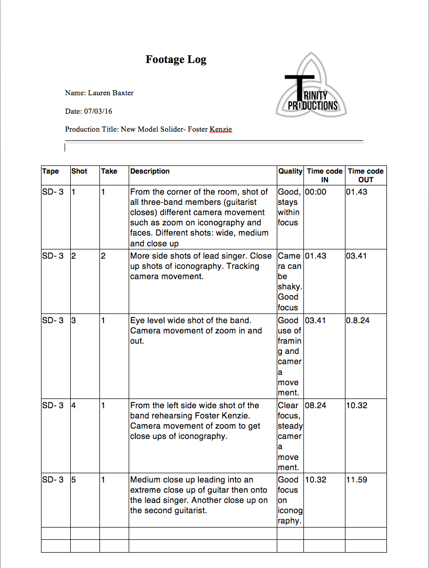 Unit 46 - Audio-visual promos: LO3 - Footage log