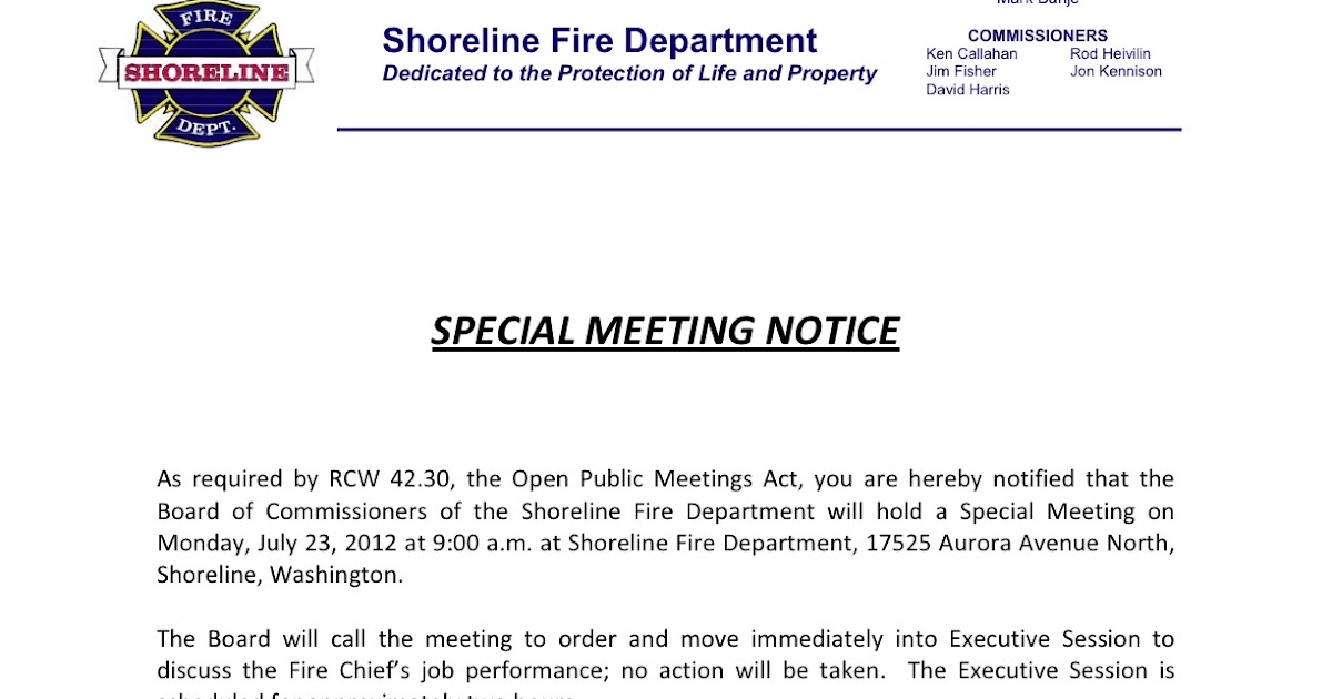 Shoreline Area News: Legal notice: special meeting of Shoreline Fire ...