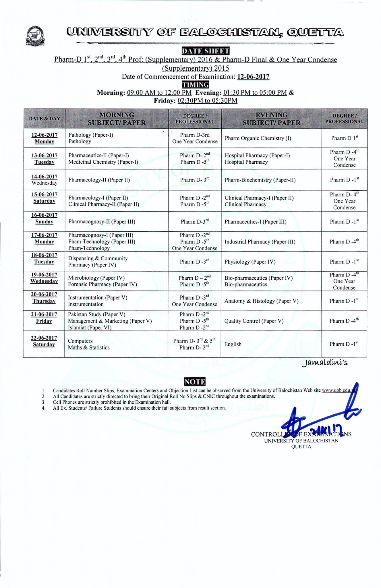 Date sheet of Pharmacy 1st 2nd 3rd 4th prof supply 2016 and one year ...