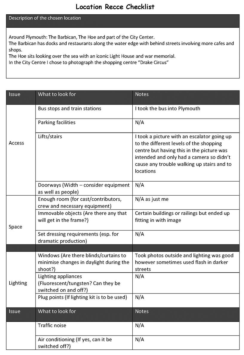 Katie Vella Advanced Production: Location Recce and Risk Assessment