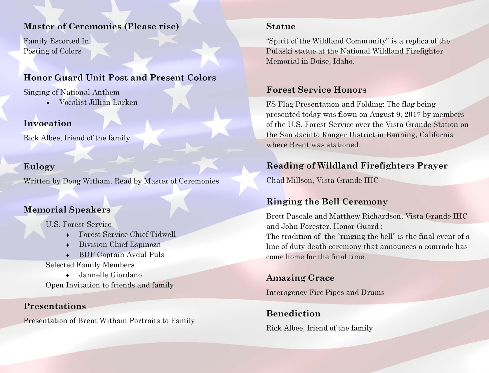 Brent Witham Memorial Ceremony: Program