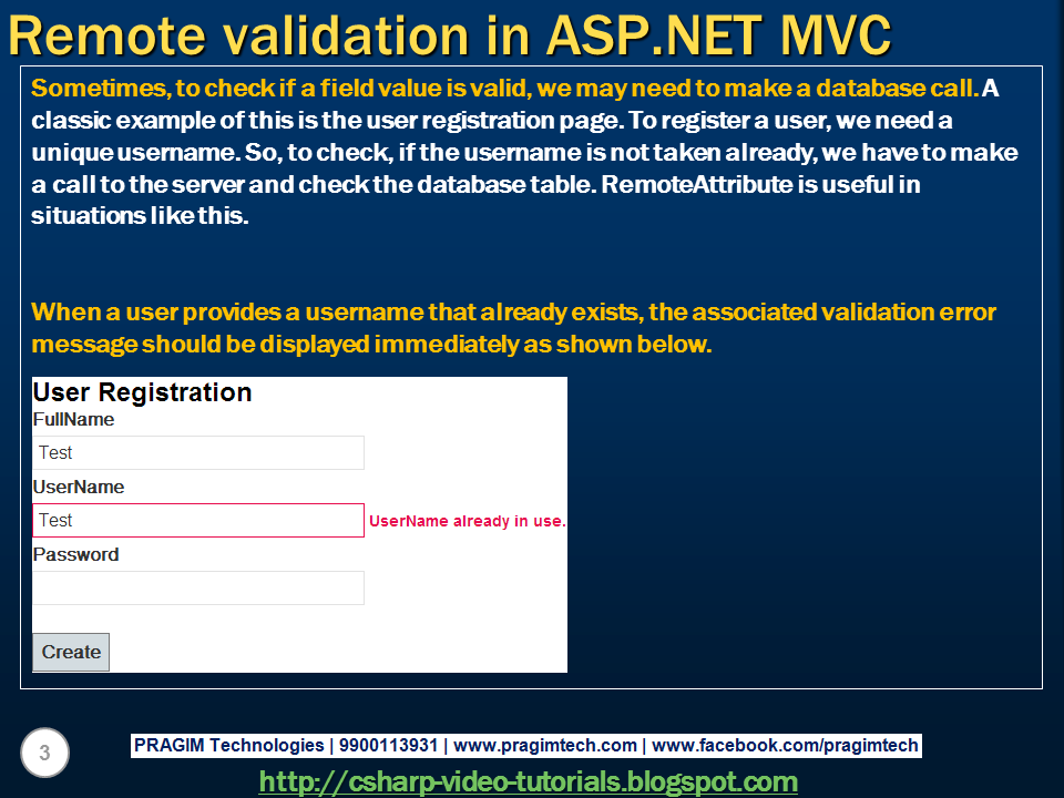 Sql server, .net and c# video tutorial: Part 89 - Remote Validation in MVC Sql server, .net and c# video tutorial: Part 89 - Remote Validation in MVC