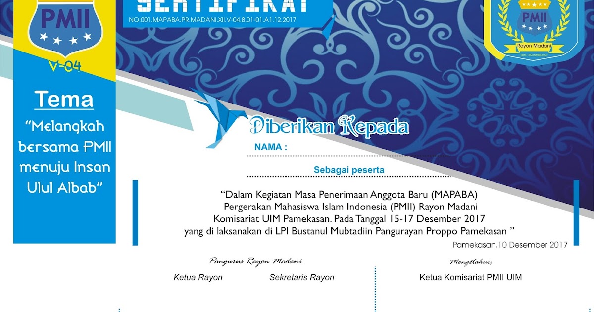 Contoh Disain Sertifikat MAPAB PMII Rayon Madani UIM - Cakap News
