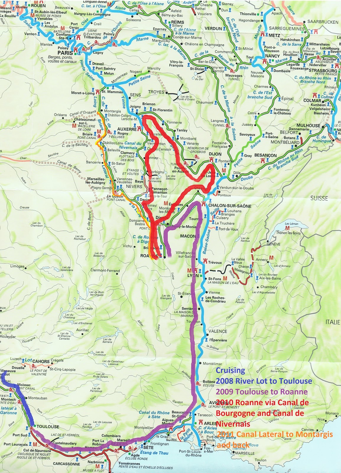 The Hewitts barging in France 2010 - 2017: Map of our journey