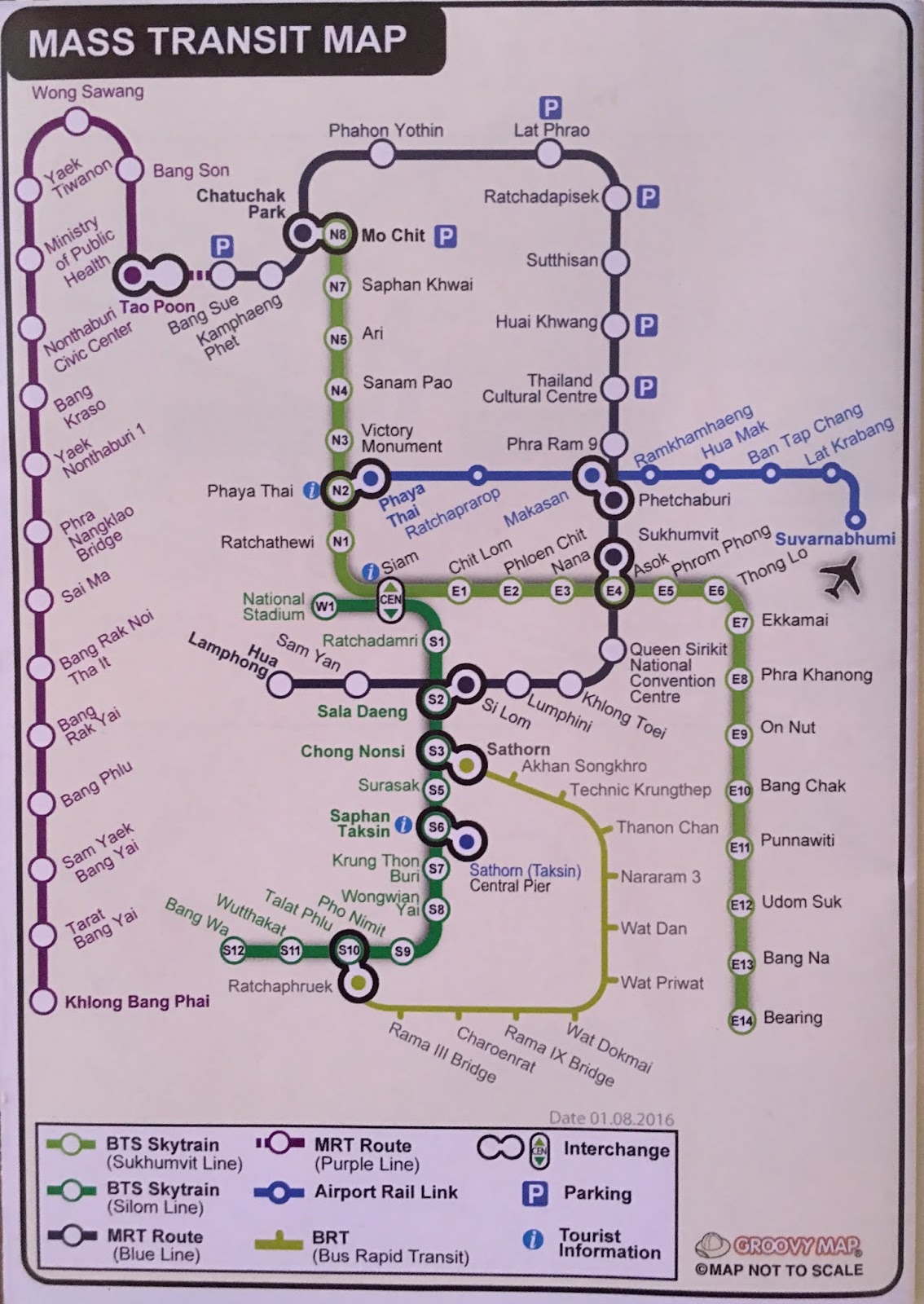 แผนที่แสดงเส้นทางเชื่อมต่อ BTS , MRT , Airport Link 曼谷轨道交通路线图
