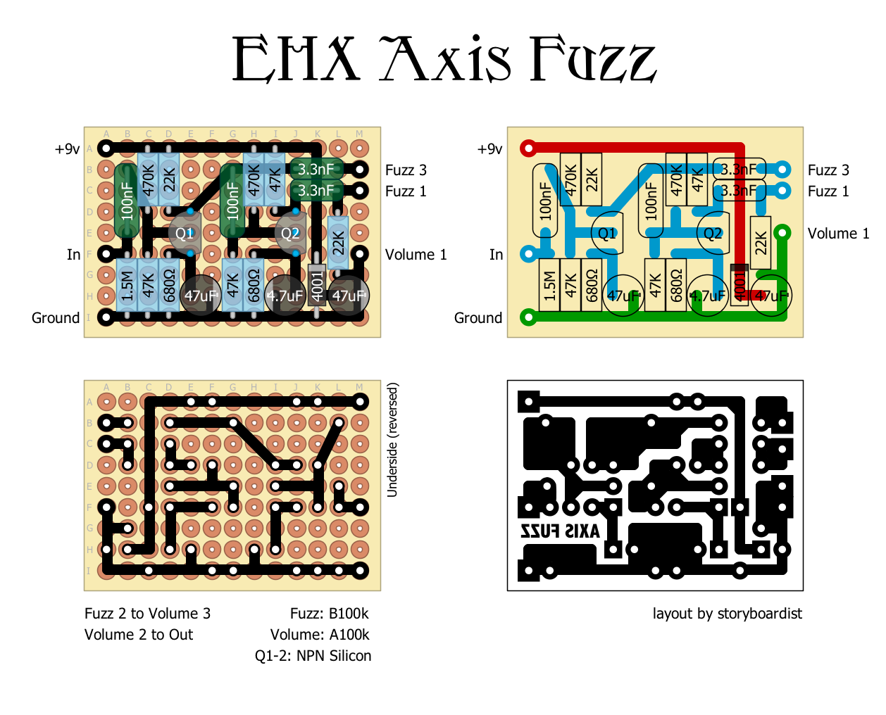 Perf and PCB Effects Layouts: EHX Axis Fuzz/Guild Foxey Lady