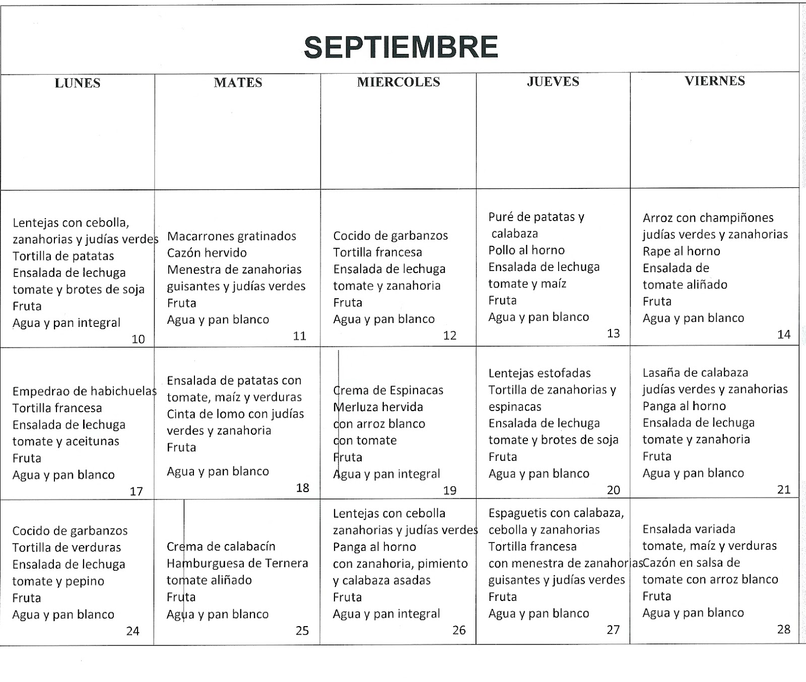 COMEDOR ESCOLAR: MENÚ DEL MES DE SEPTIEMBRE – CPR Negratín