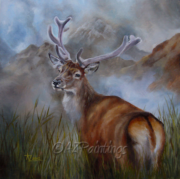 AZPAINTINGS : Glen Royal - Red Deer Stag in Scotland oil painting