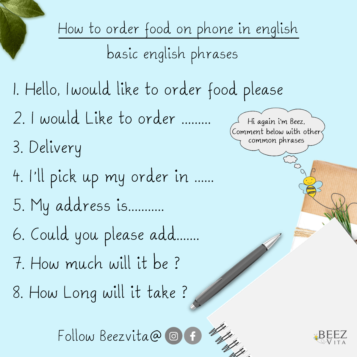 Beez Vita: How to order food on phone in english
