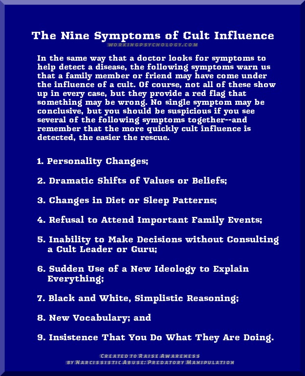 Nine Symptoms of Cult Influence Handy Reference