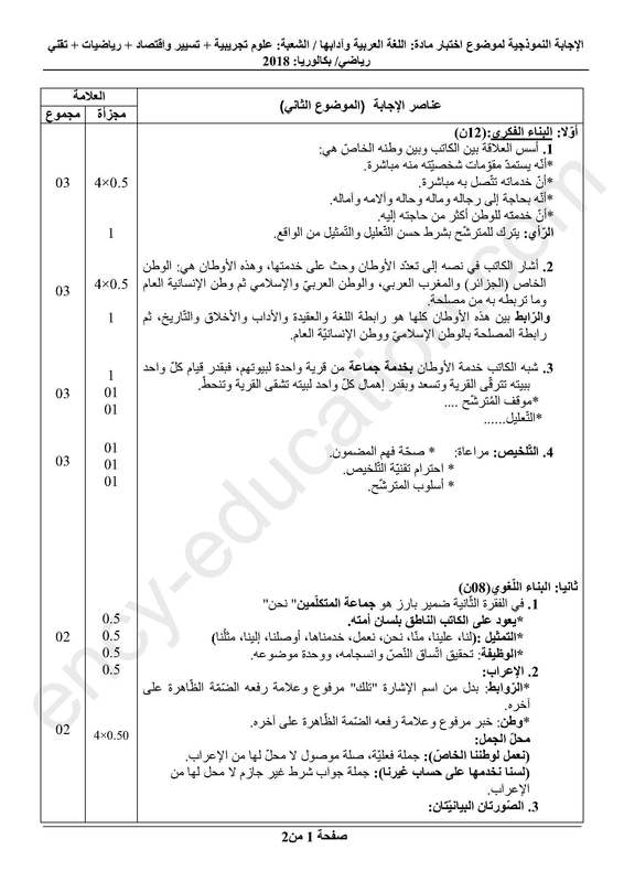 الاجابة النموذجية اللغة العربية بكالوريا 2018 شعبة تسييرواقتصاد | المجتهد