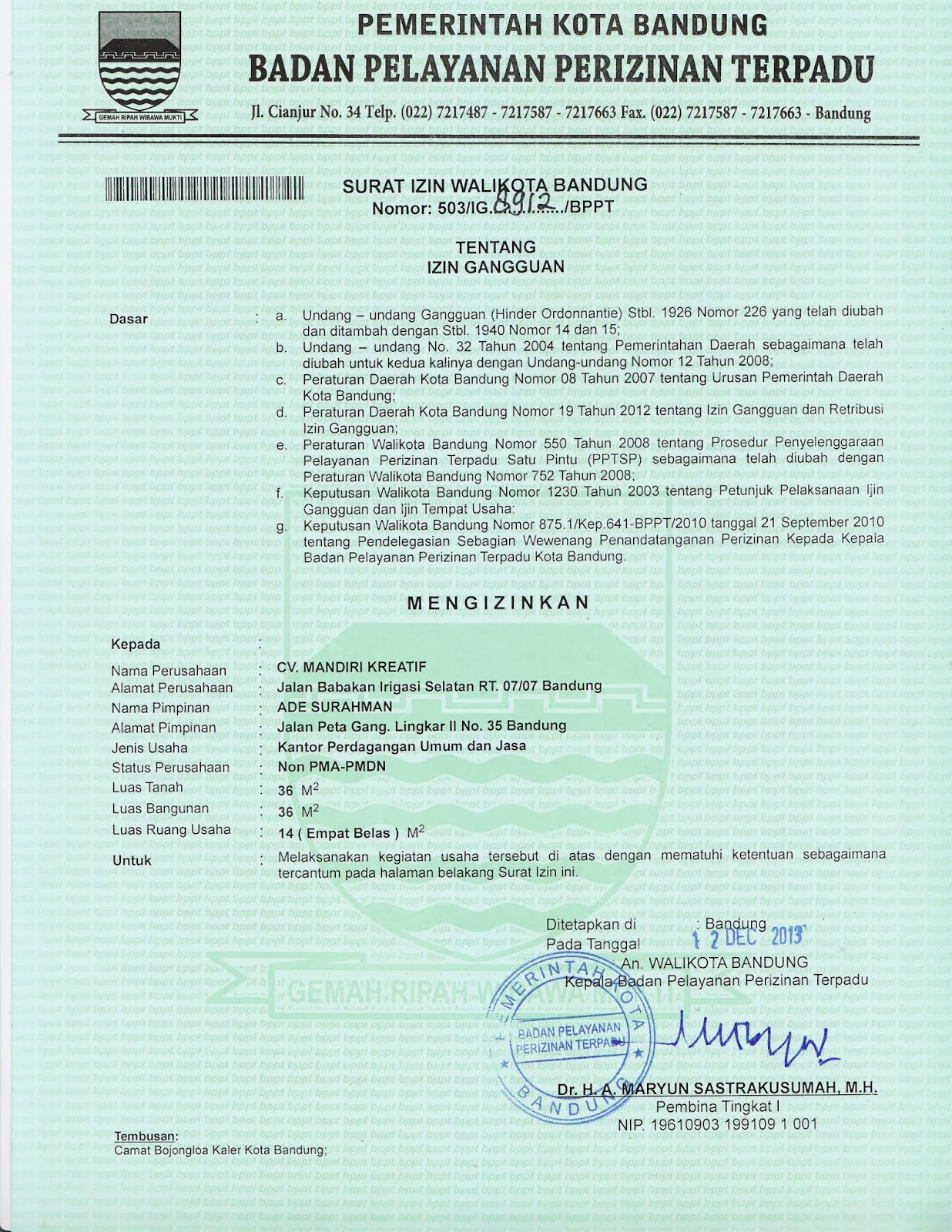 SIUP ~ CV. Mandiri Kreatif