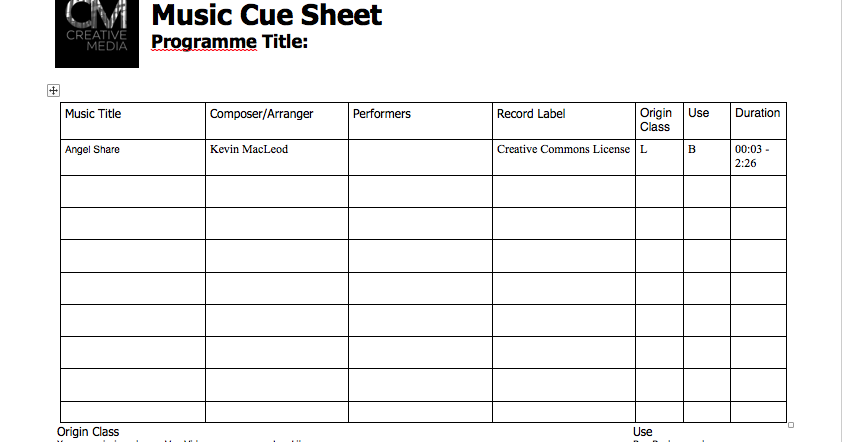 Personal Major Project Music Cue Sheet personal-major-project-music-cue-sheet