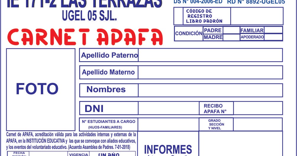 CARNET APAFA 2018 ~ APAFA IE 171-2 LAS TERRAZAS